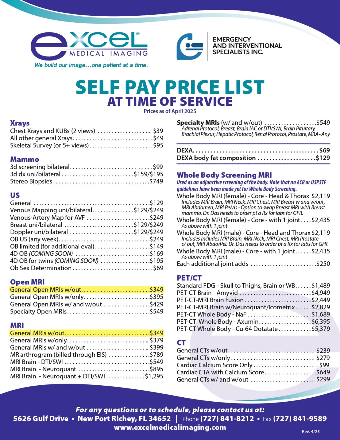 Self Pay Prices – Excel Medical Imaging