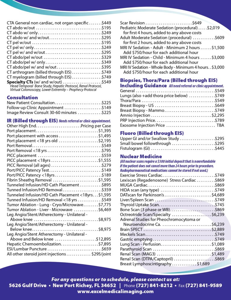 Self Pay Prices – Excel Medical Imaging